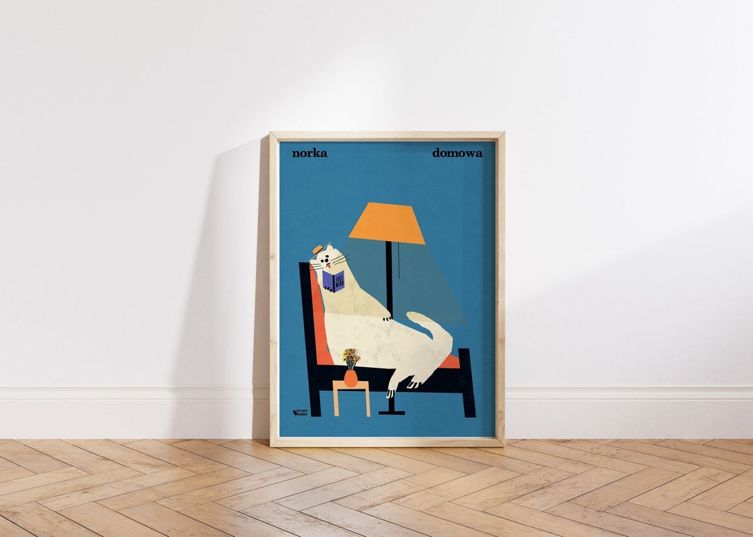 Relaxed Mink Reading a Book on Armchair, Original Polish Poster ...