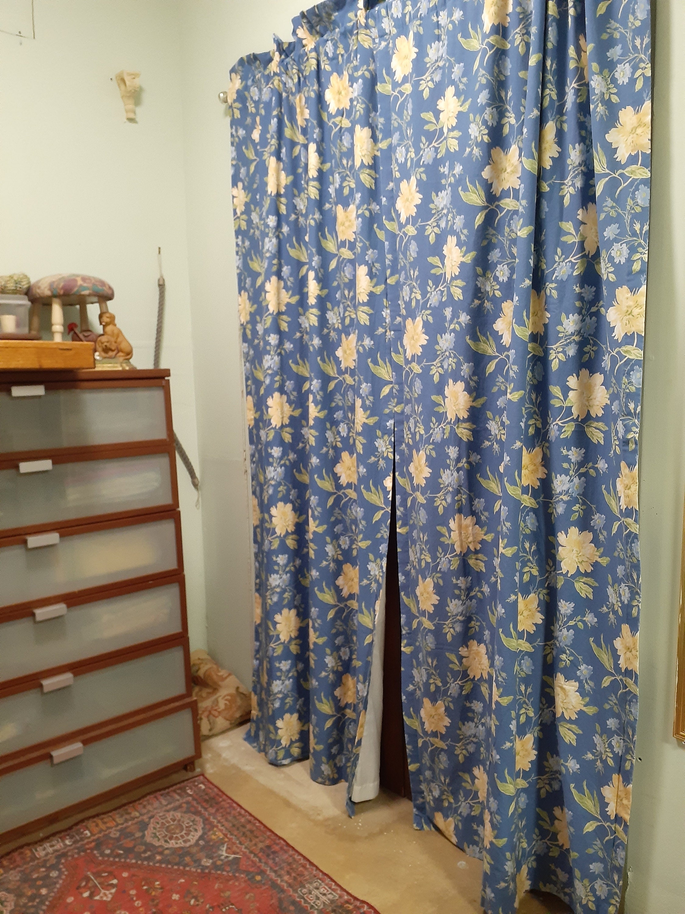 Laura Ashley Emile Lined Rod Pocket Drapes-blue & Yellow-86 Long-3 ...