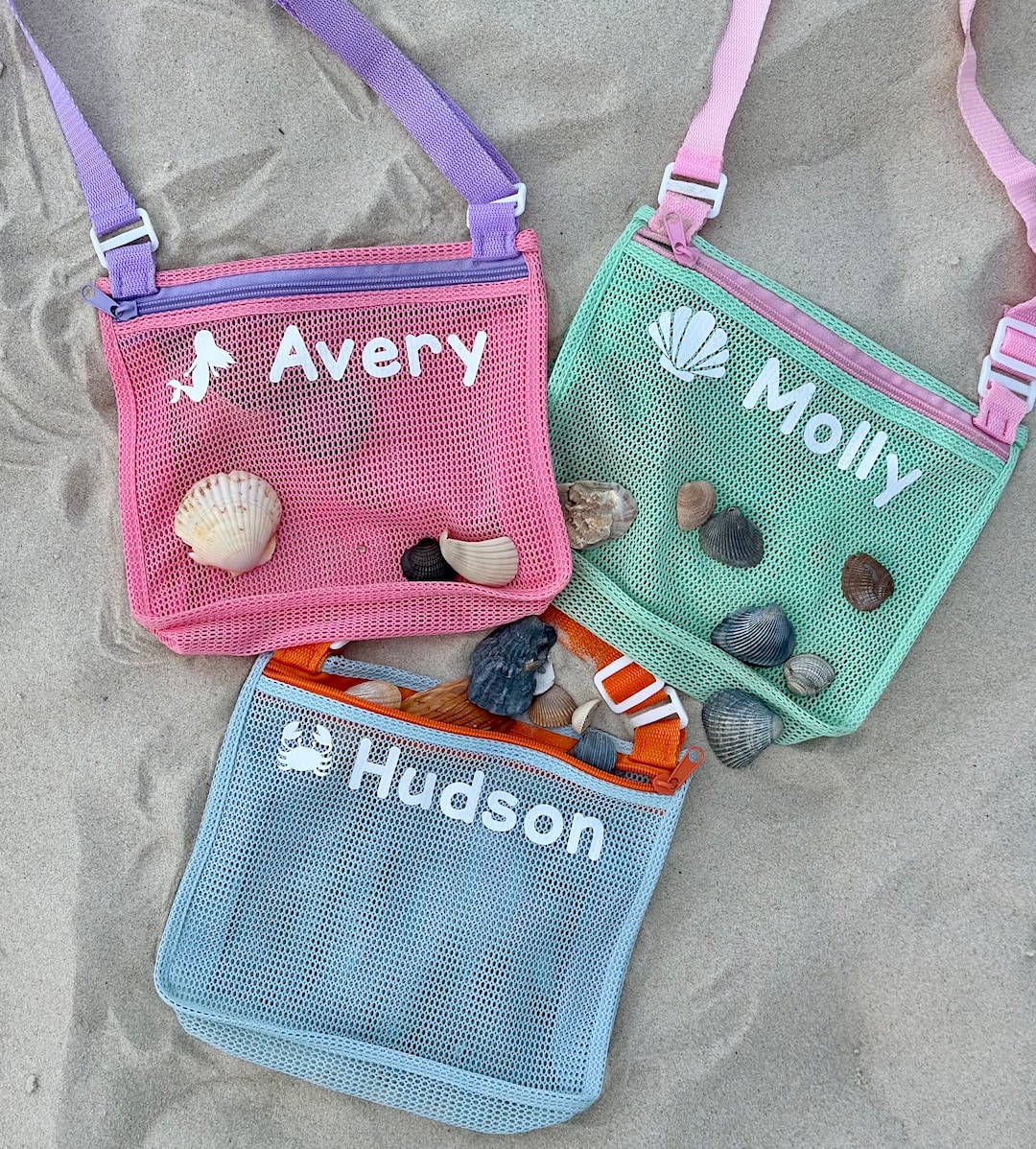 RESTOCKED Personalized Seashell Zipper Mesh Back Pack Tote…kids Zip ...