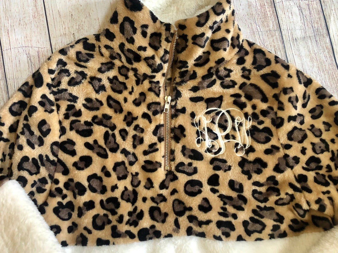 Leopard Print Womens Monogrammed Sherpa Zipper Pullover Jacket ...