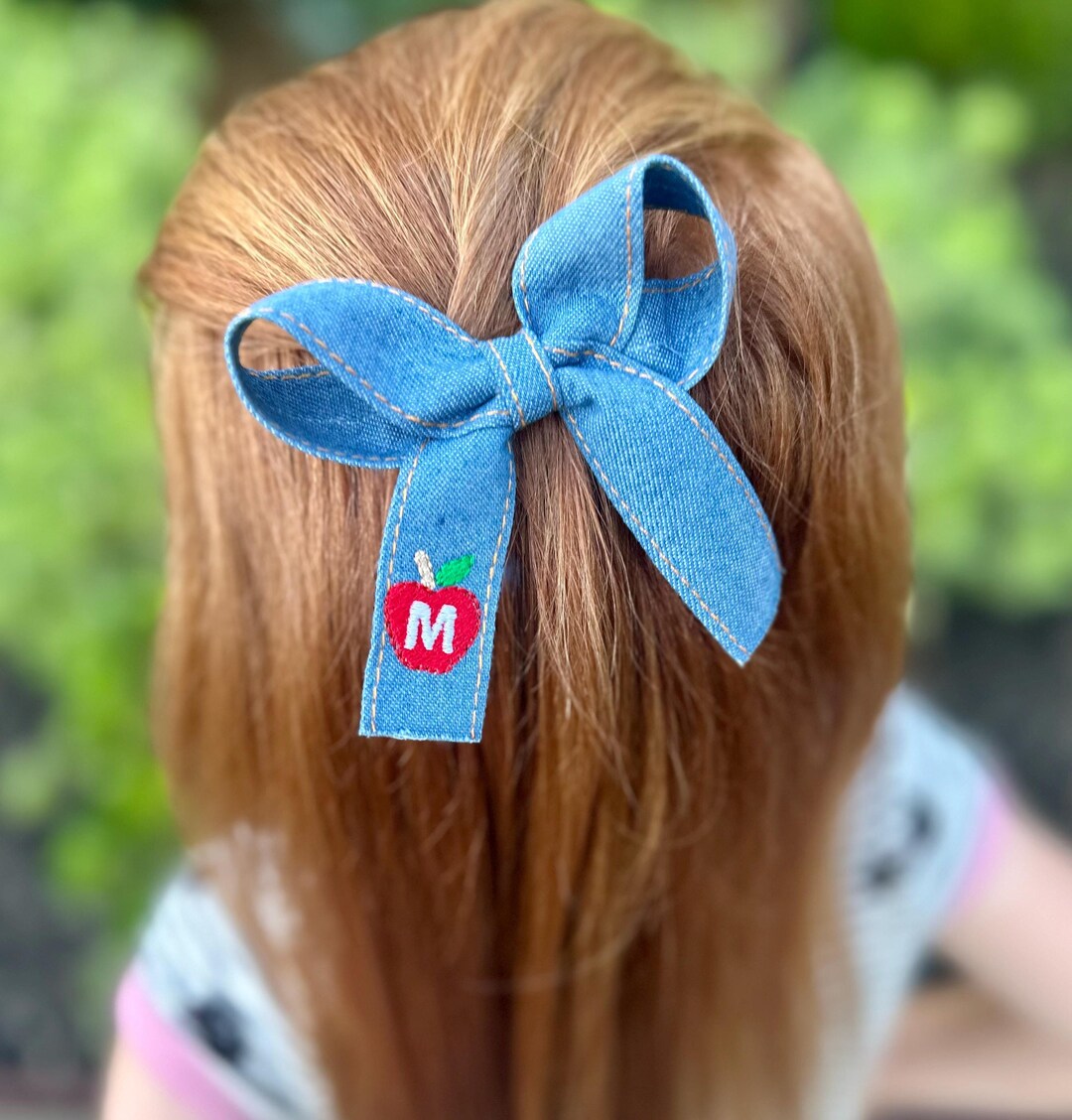 Small 3 Inch Monogrammed Back to School Denim Blue Hair Bow ...