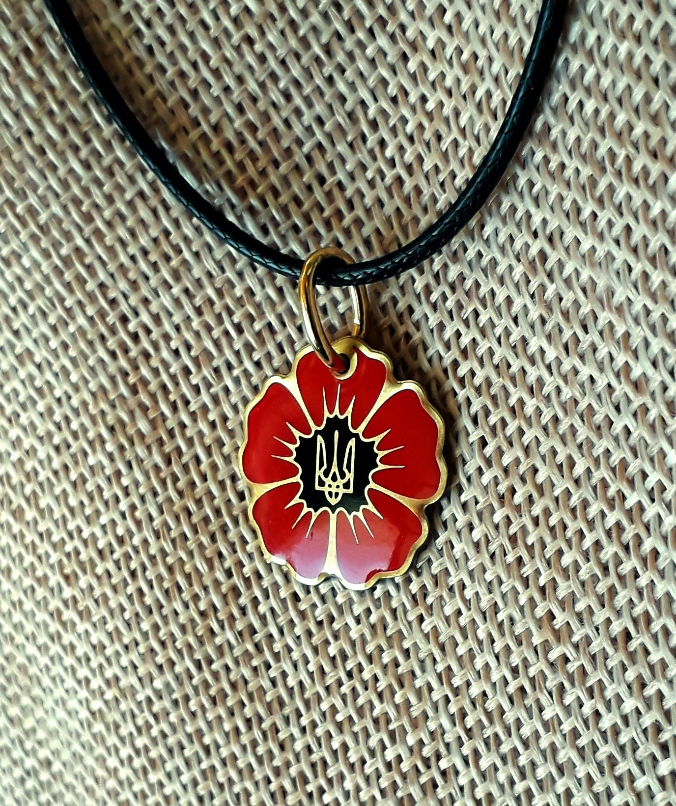 Pendant Red Poppy With Ukrainian Trident Ukrainian Tryzub Ukraine Metal ...