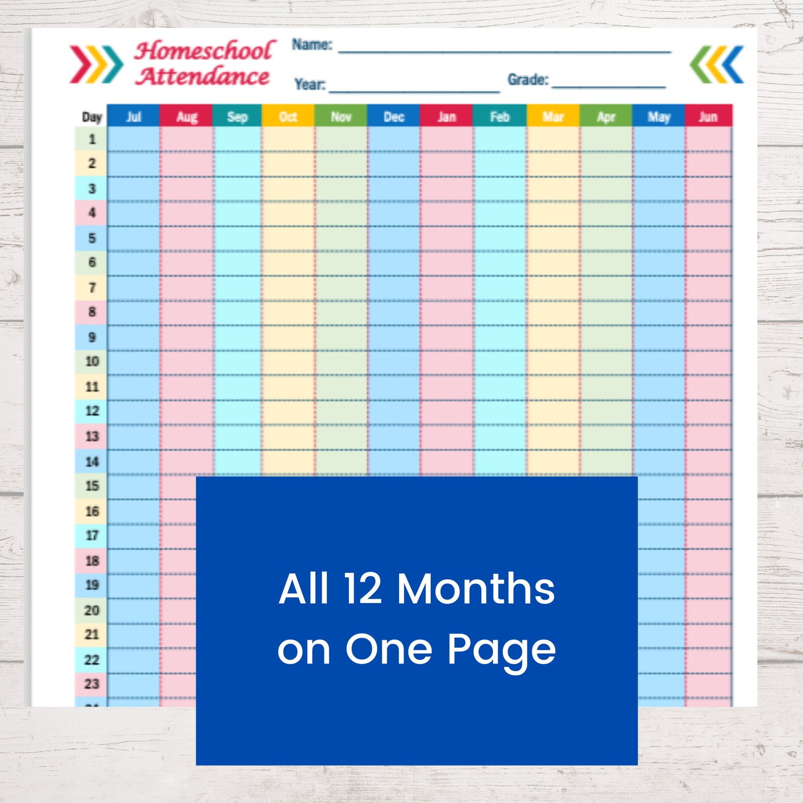 Homeschool Yearly Attendance Tracker All in One Page Instant Download ...