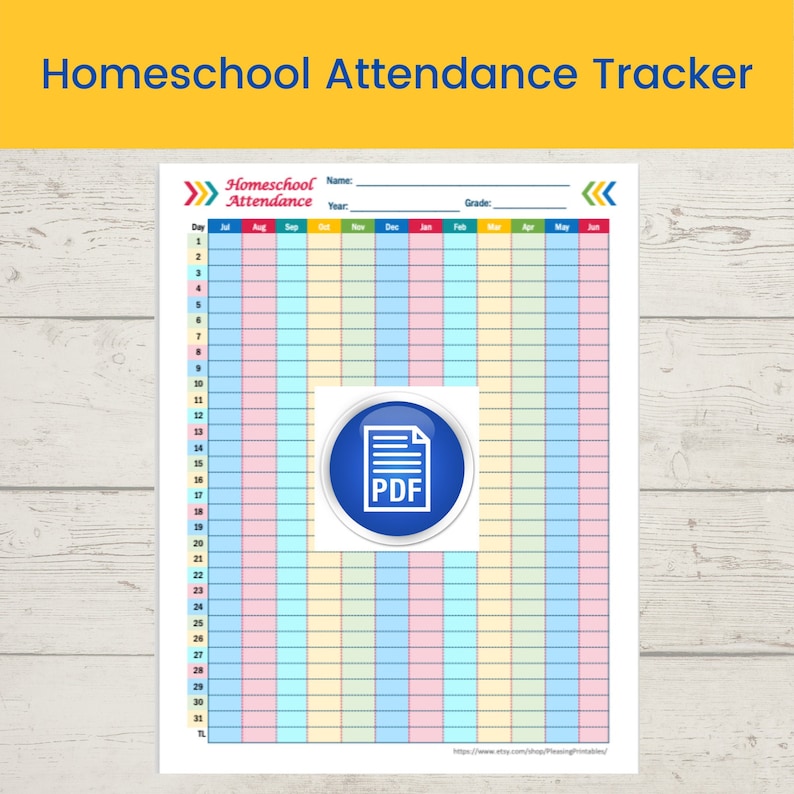 Homeschool Yearly Attendance Tracker All in One Page Instant Download ...