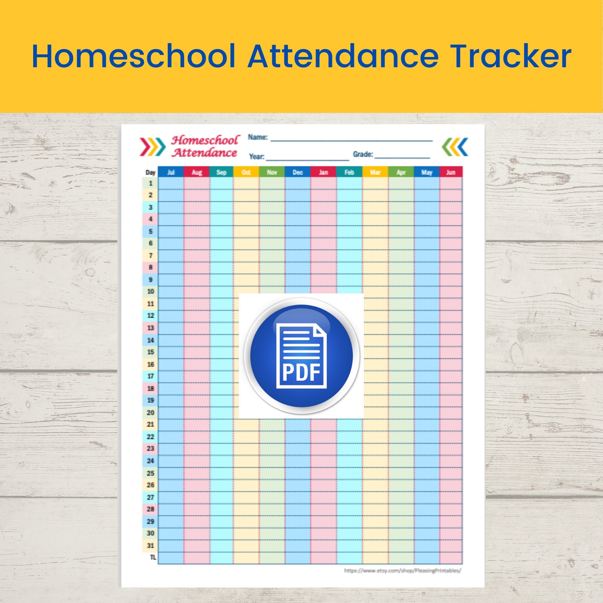 Homeschool Yearly Attendance Tracker All in One Page Instant Download ...