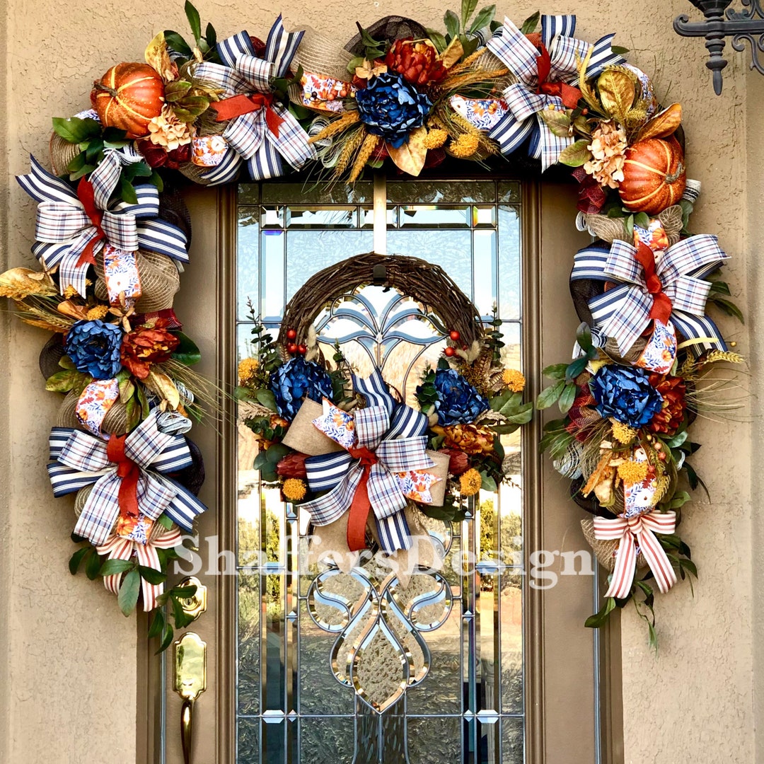 Fall Front Door Decor, Fall Blue and Rust Garland and Wreath Set, Fall ...