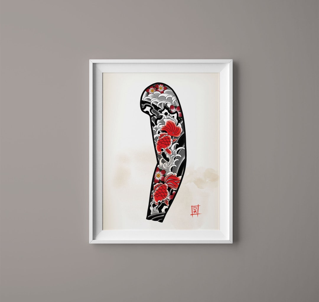 A5 Traditional Tattoo Flash - Japanese Sleeve - Kingyo & Waves Art ...