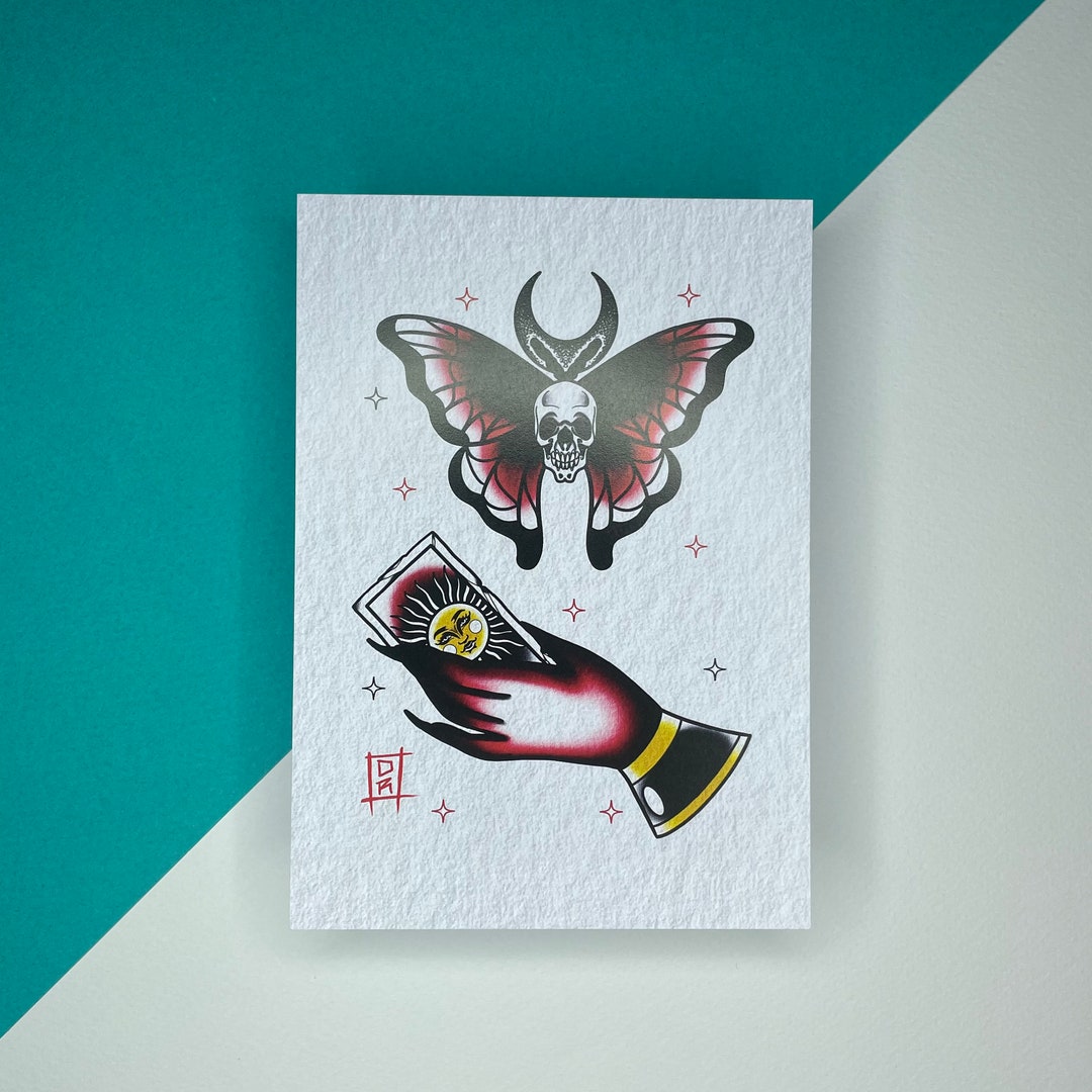 A6 Traditional Death Moth & Tarot Hand Mini Tattoo Flash Sheet Print ...