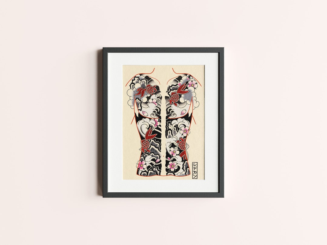 A4 Traditional Tattoo Flash - Japanese Kingyo Goldfish Bodysuit Art ...