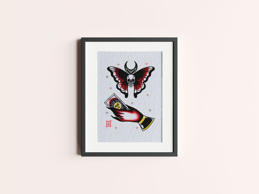 A4 Death Moth & Tarot Hand - Traditional Tattoo - Art Print - Etsy