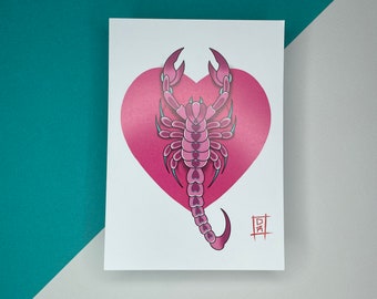 A5 Heart Pastel Scorpion Traditional Tattoo Art Print | Etsy