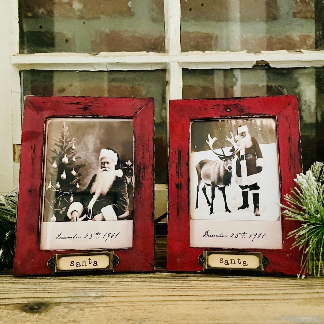 Farmhouse Christmas Framed Santa; Vintage Santa Reindeer Portrait ...