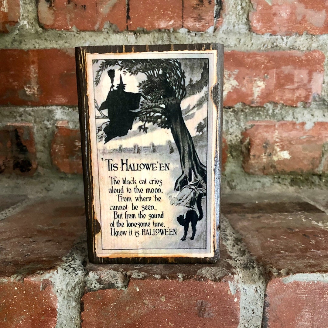 Vintage Halloween Sign Rustic Wood Block, Primitive Halloween Decor ...