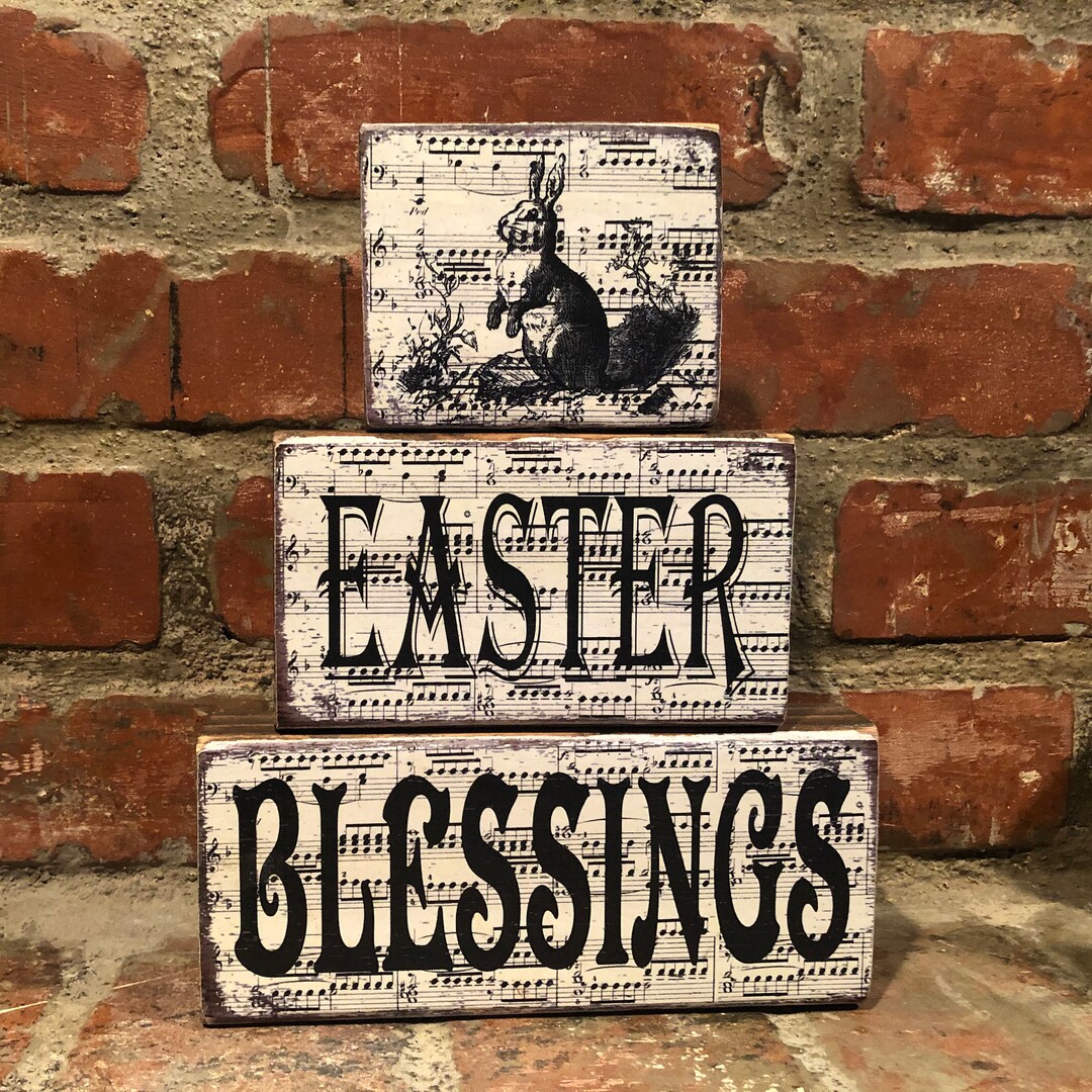 Farmhouse Country Easter Blessing Wood Trio Blocks; Vintage Easter ...