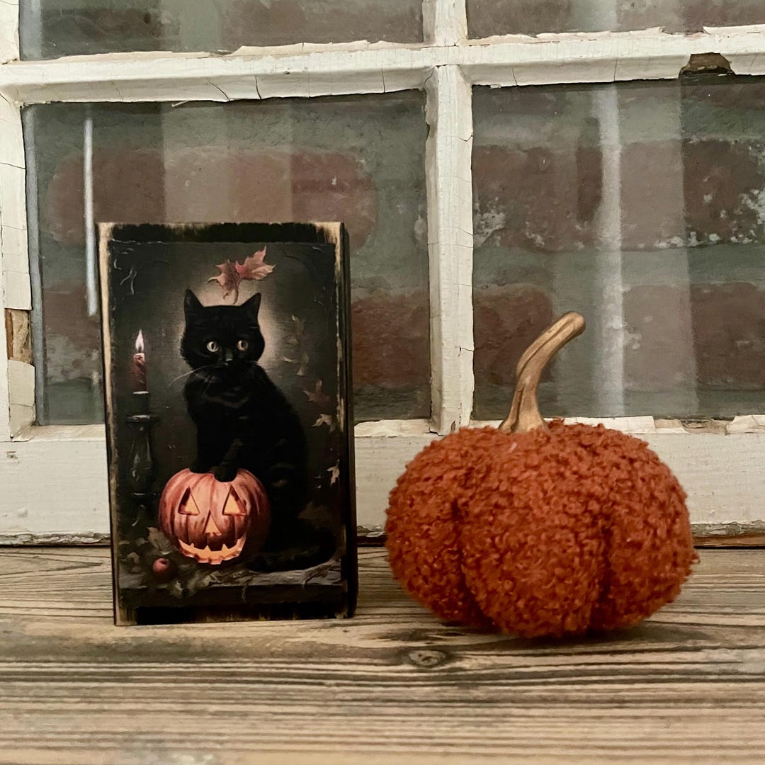 Vintage Halloween Black Cat Wood Block: Rustic Primitive Decor - Etsy
