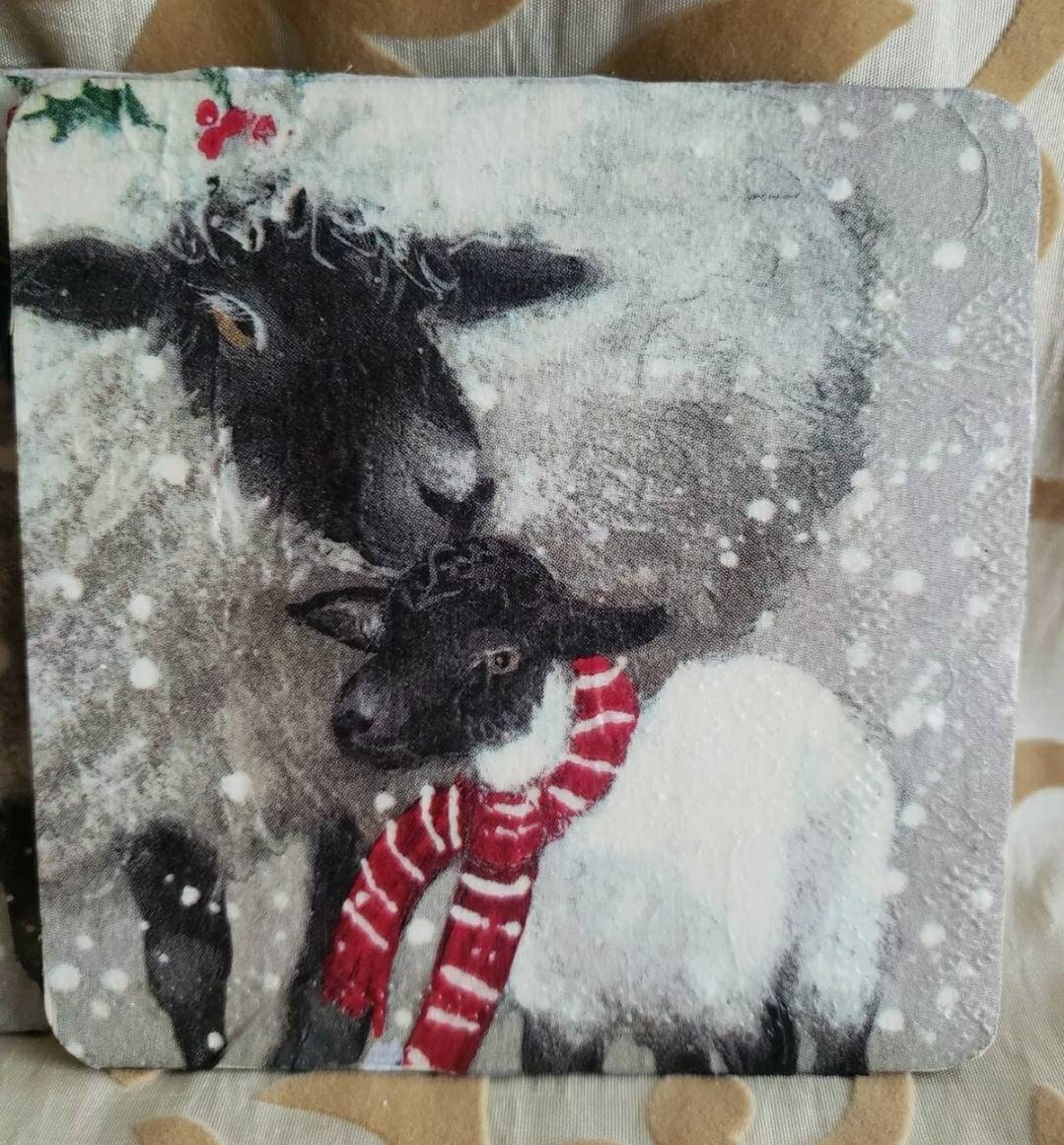Mama & Baby Sheep In Snow Hand-Crafted Wood Cork Coasters One | Etsy