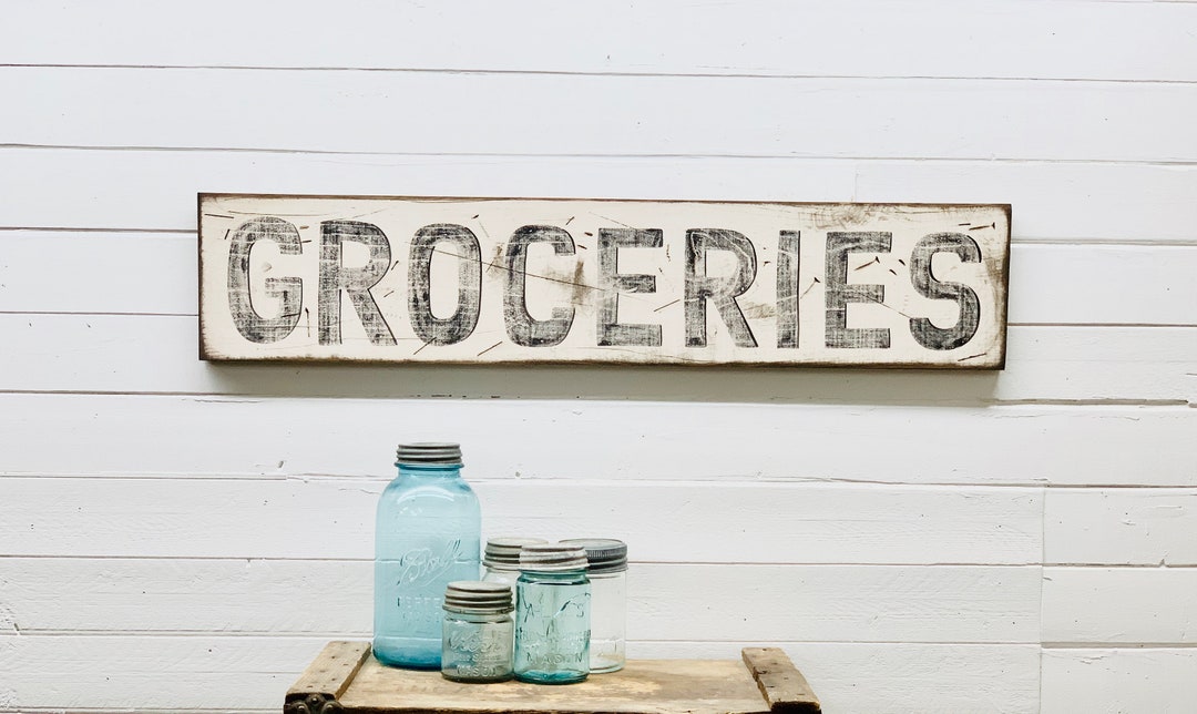 Groceries Rustic Distressed Vintage Wood Sign, Grocery Wall Sign ...