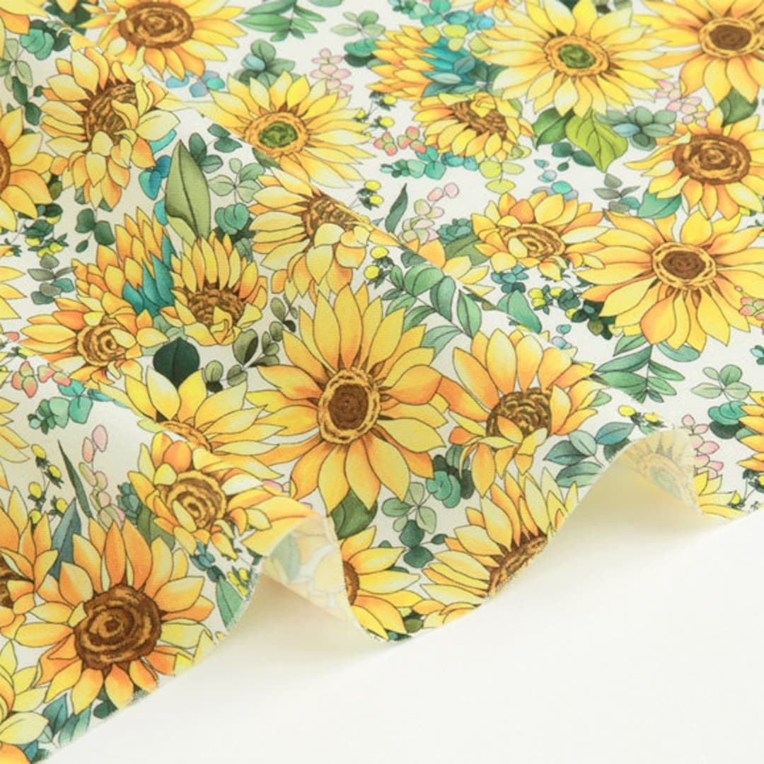 Floral, Plants Pattern, Yellow Sunflower, Flower Printed Cotton Fabric ...