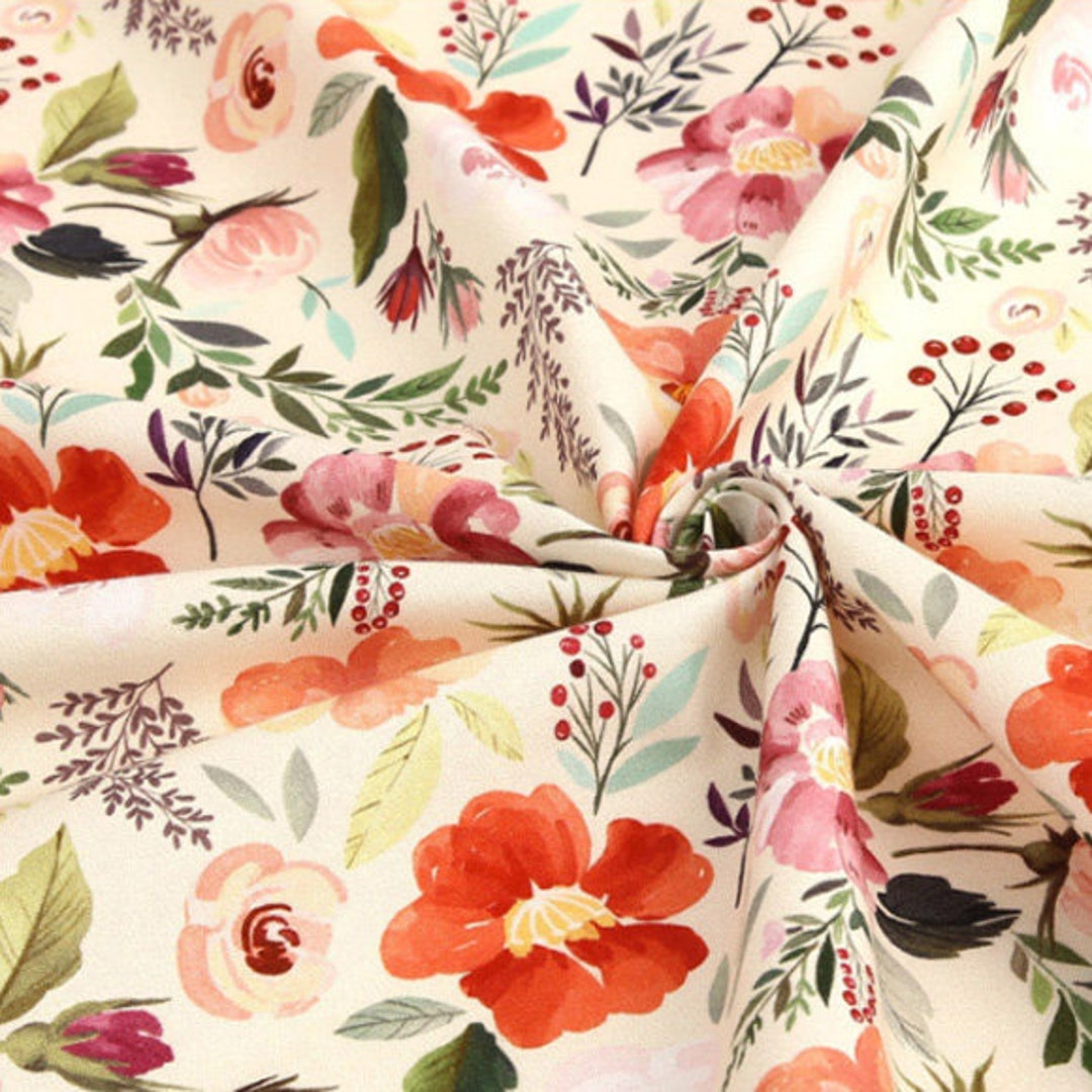 Floral, Plants Pattern, Peony Flower Printed Cotton Fabric by the Yard ...
