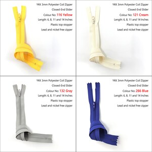 YKK #3 Polyester Coil Closed-end Zippers, 10 Zippers in 18 Colors, 6 In., 8 In., 11 In. 14 In ...