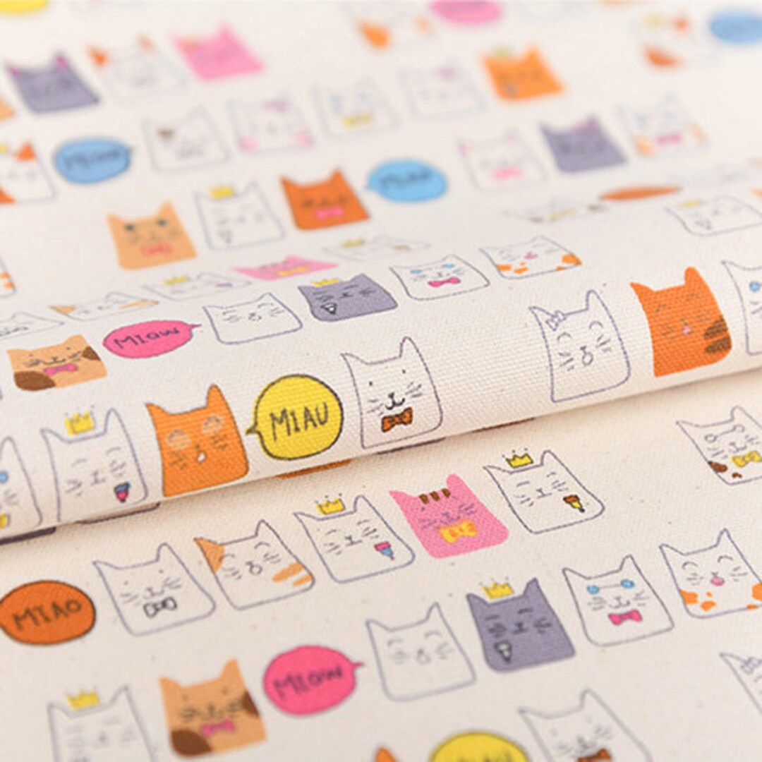Cat Printed Cotton Fabric by the Yard, Cute Cat, 110cm Wide, Cotton ...