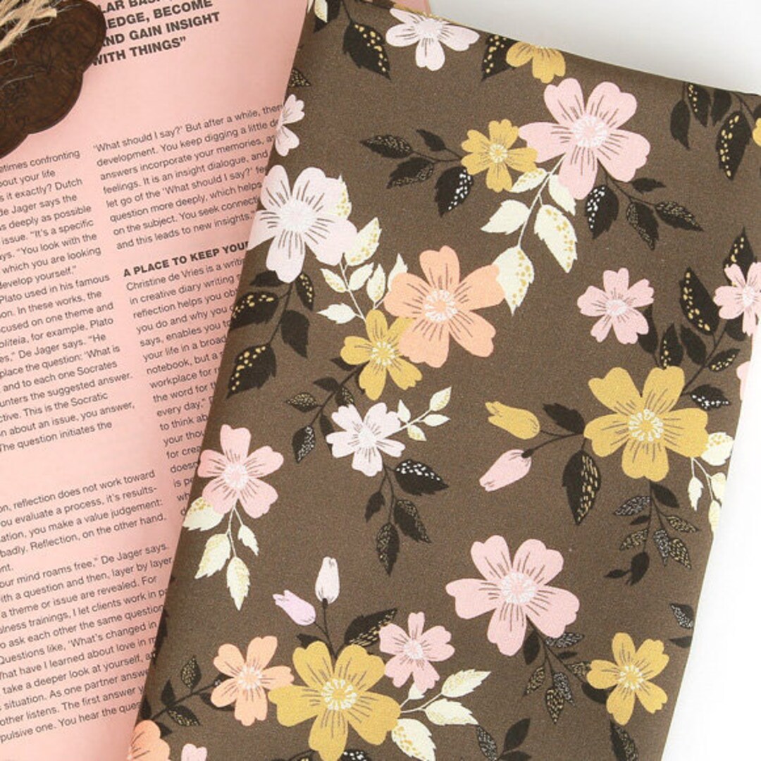Floral, Plants Pattern, Brown Flower Printed Cotton Fabric by the Yard ...