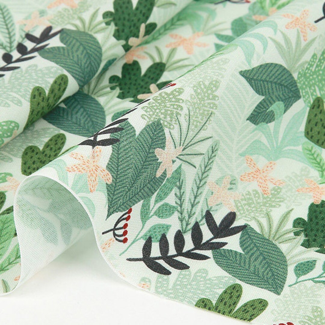 Floral, Plants Pattern, Green Nature, Flower Printed Cotton Fabric by ...
