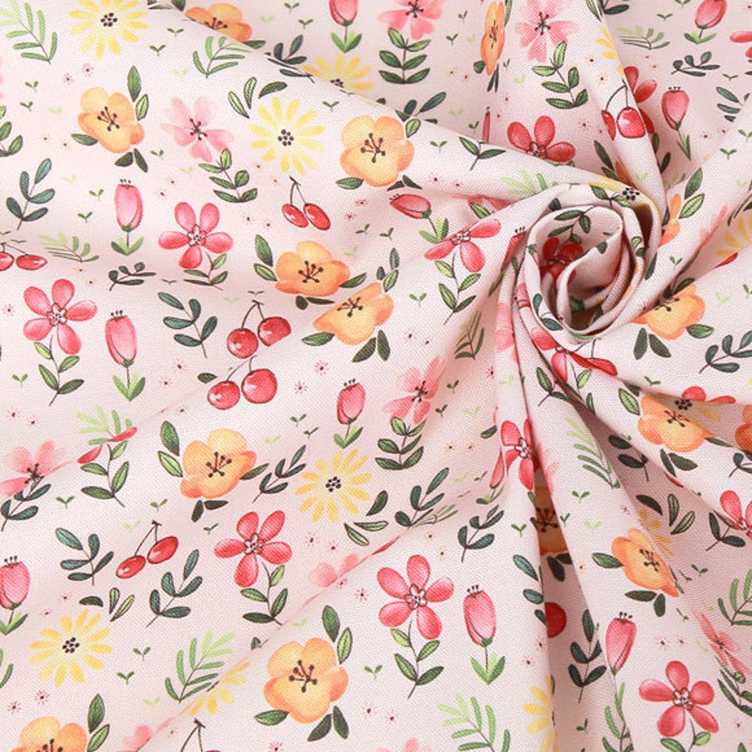 Floral, Plants Pattern, Cherry Flower Printed Cotton Fabric by the Yard ...