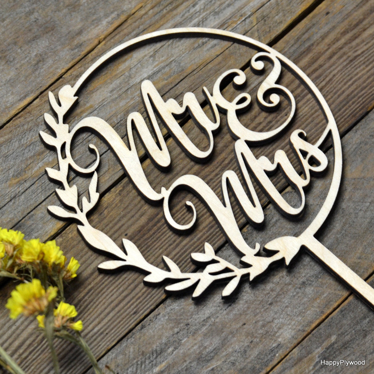 Wooden Cake Toppers for Wedding Mr and Mrs Cake Topper Wreath Floral ...
