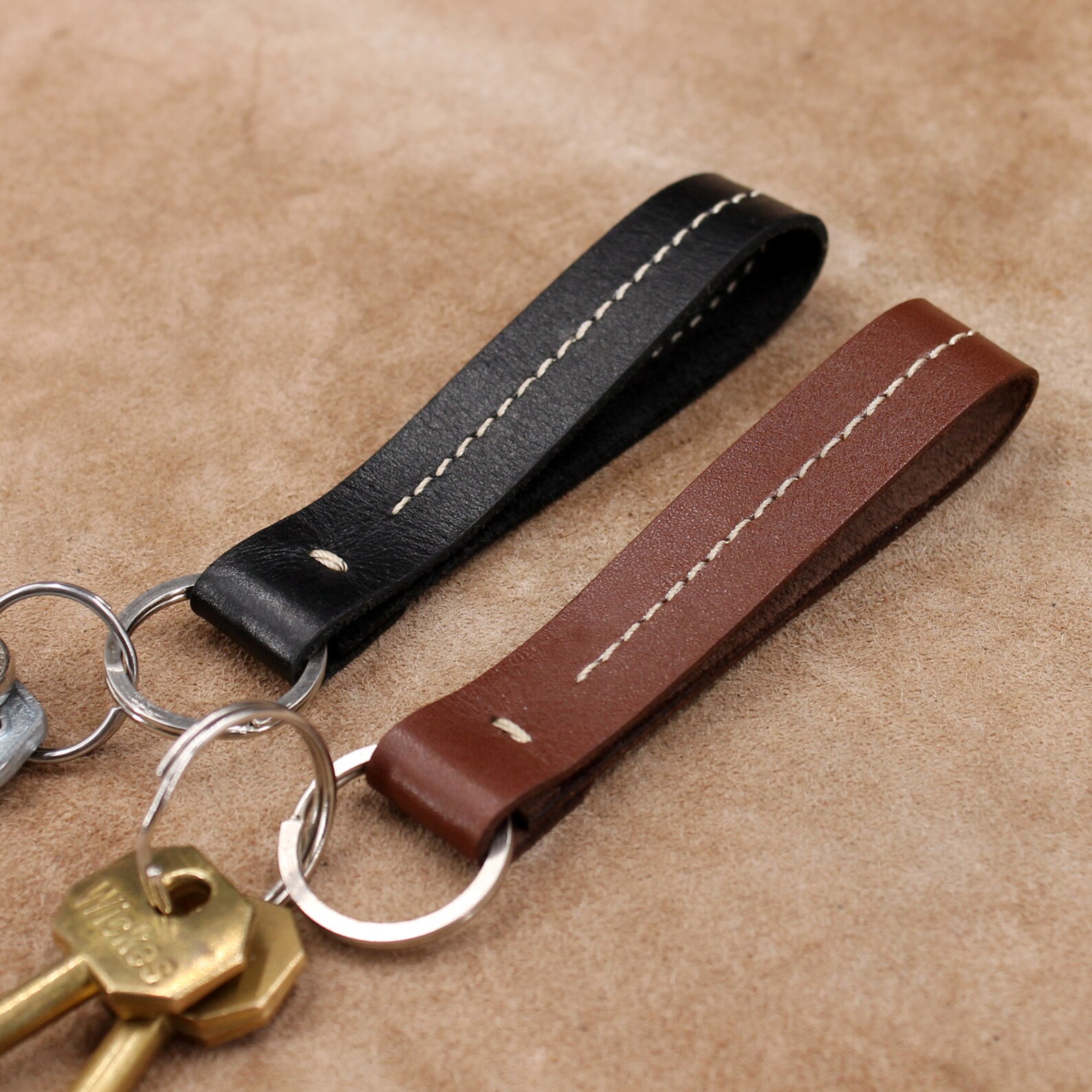 Leather Keyring Stitched Leather Keychain Personalised Leather | Etsy