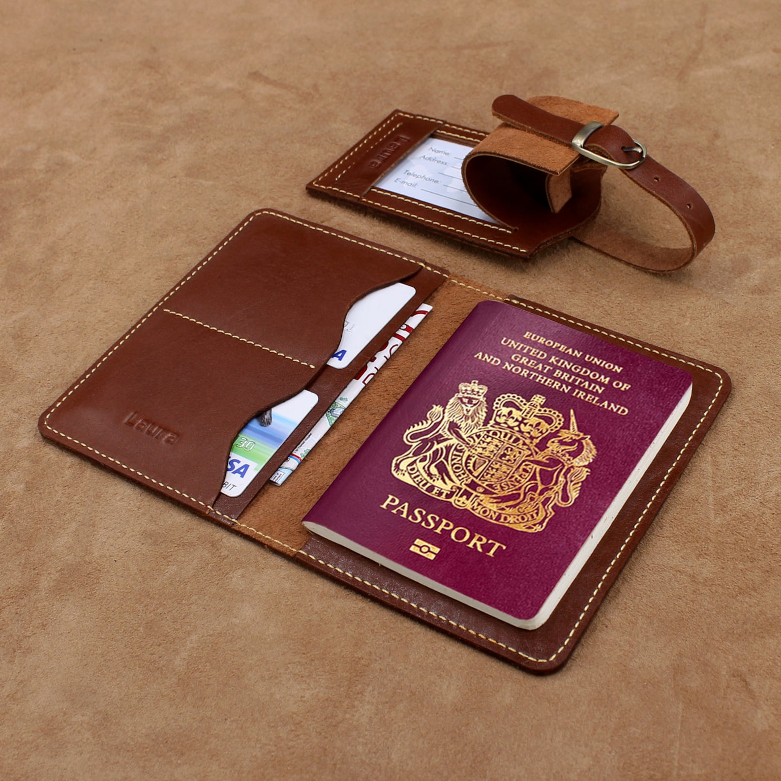 Travel Set of Leather Passport Holder and Luggage Tag Leather | Etsy UK