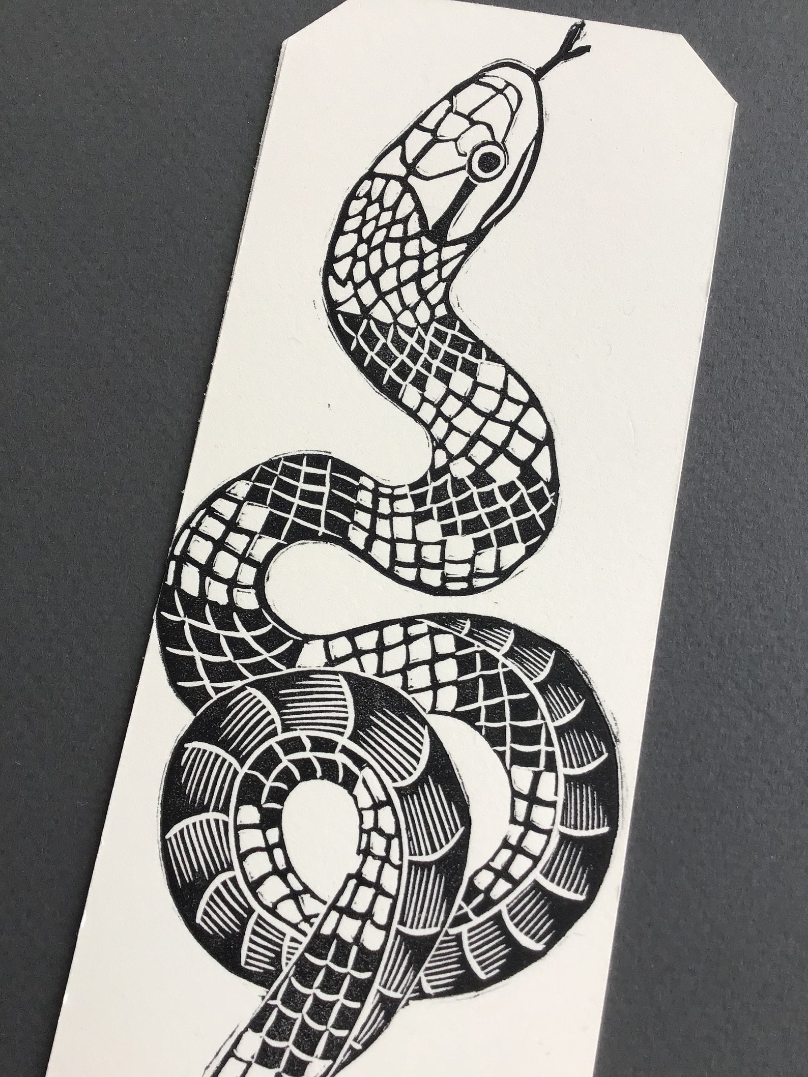 Snake Linocut Linoprinted Bookmark Traditional Tattoo Handprinted Black ...