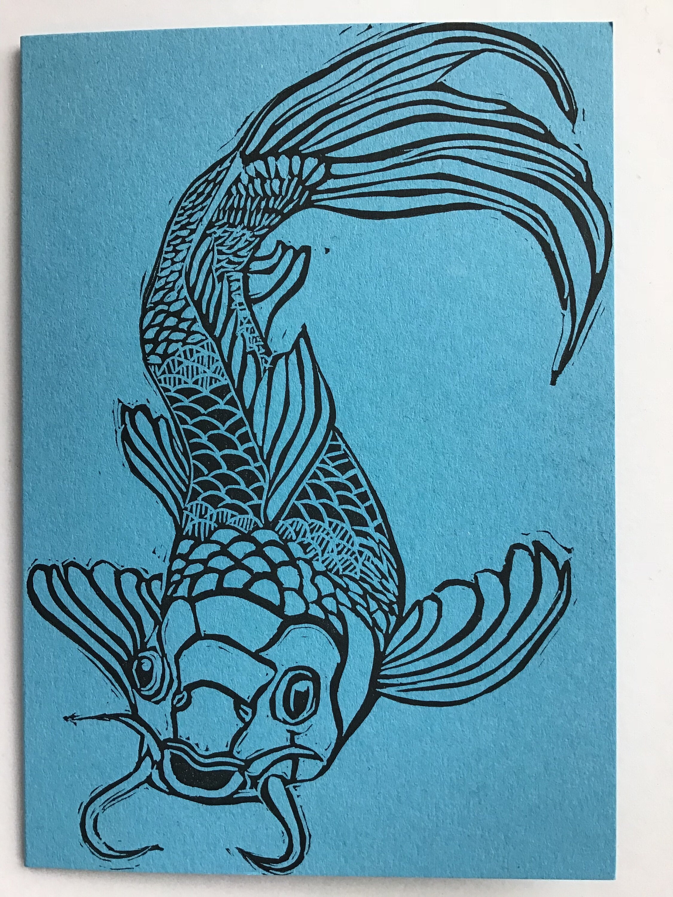 Prints Wood & Linocut Prints Koi Carp Linocut and Watercolour Print Art ...