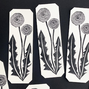 Dandelion Linocut Linoprinted Bookmark Nature Weed Foliage Handprinted ...