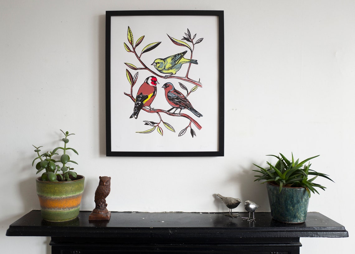 Finches Screenprint Greenfinch Goldfinch Chaffinch British Garden Birds ...