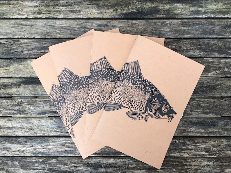Handprinted Linocut Linoprinted Kraft Paper A5 Notebook Notepads Fish ...