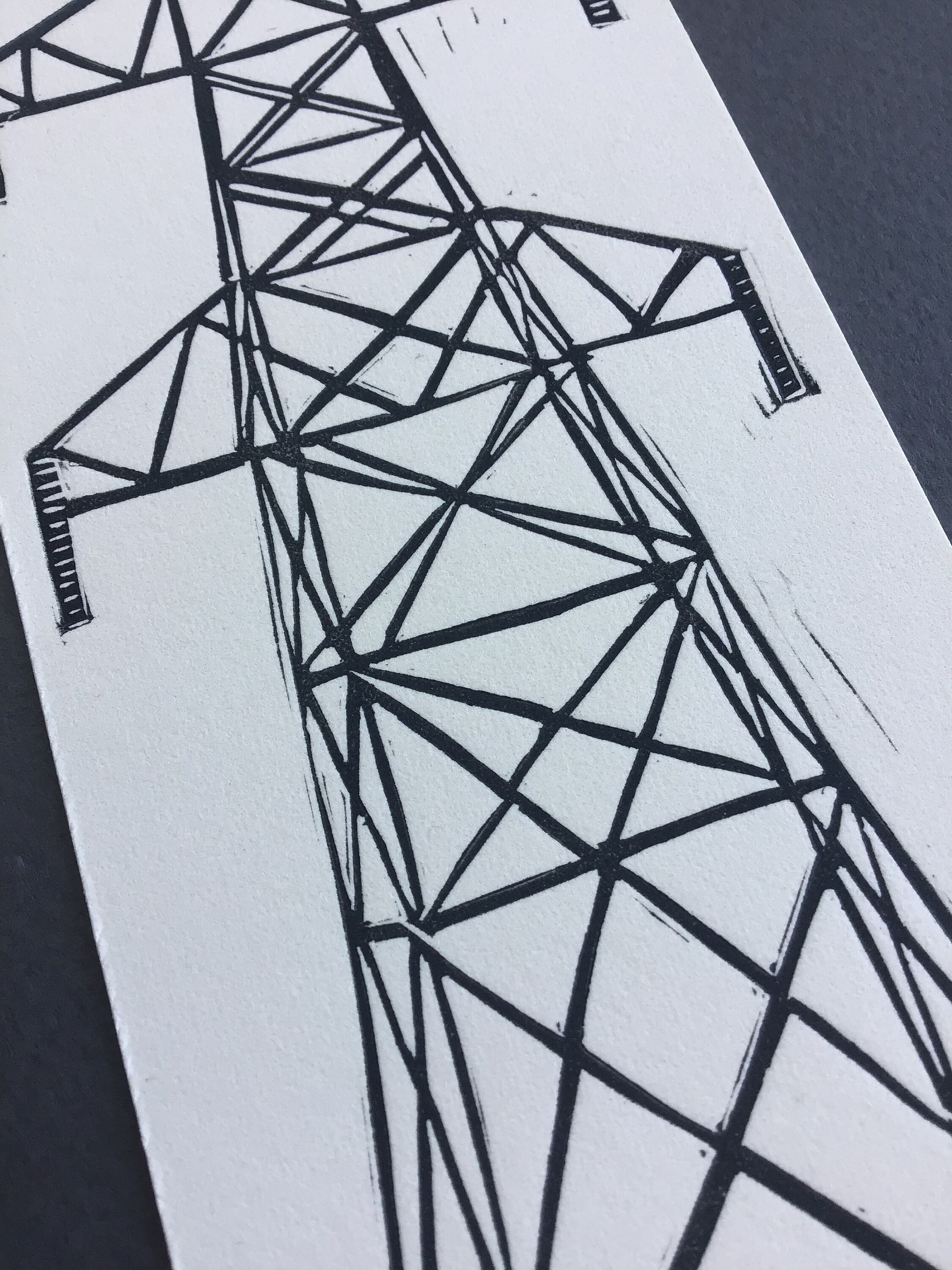 Pylon Power Line Electric Tower Structure Linocut Linoprinted Bookmark ...