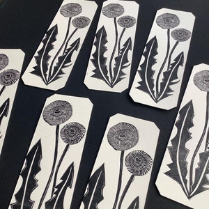 Dandelion Linocut Linoprinted Bookmark Nature Weed Foliage Handprinted ...