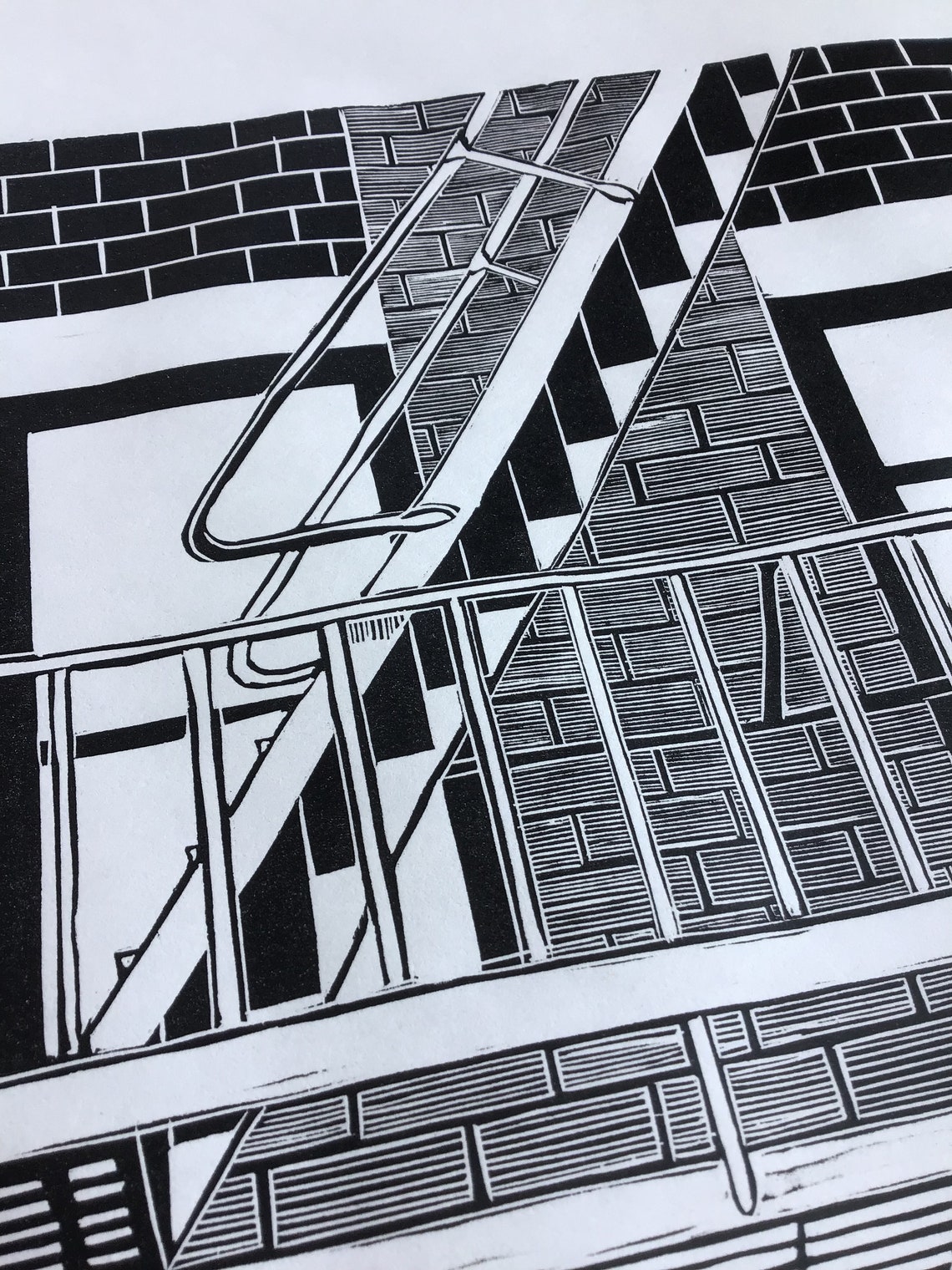 New York Fire Escape Black and White Linocut Linoprint Urban - Etsy