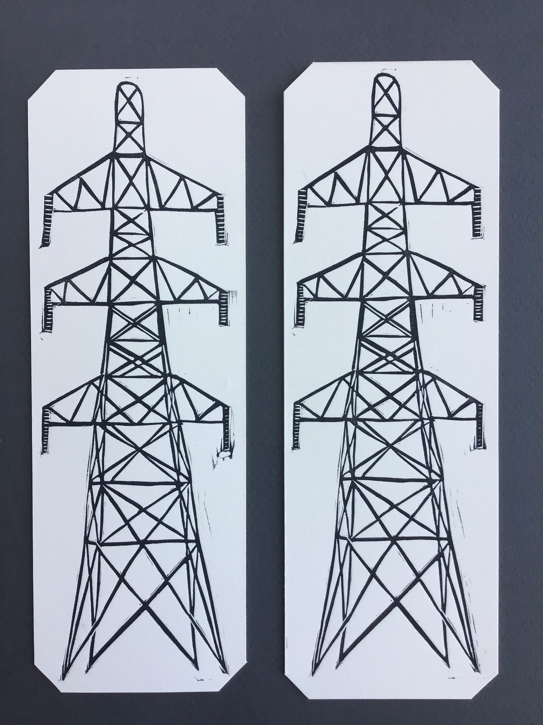 Pylon Power Line Electric Tower Structure Linocut Linoprinted Bookmark ...