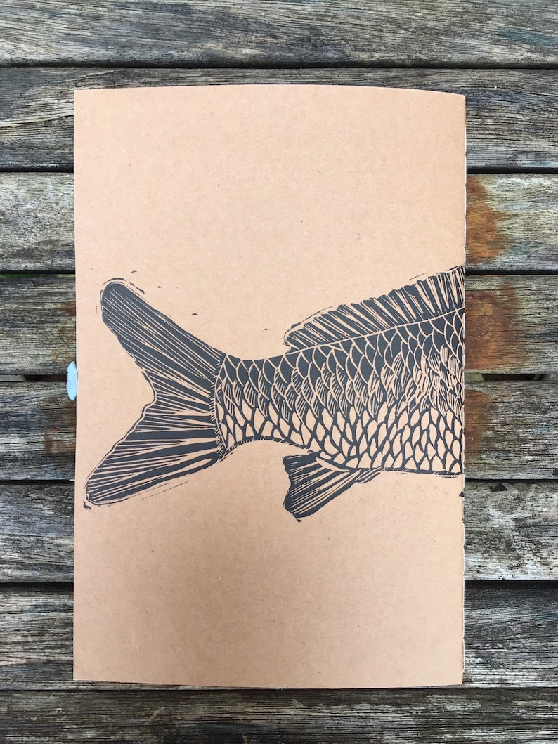 Handprinted Linocut Linoprinted Kraft Paper A5 Notebook Notepads Fish ...