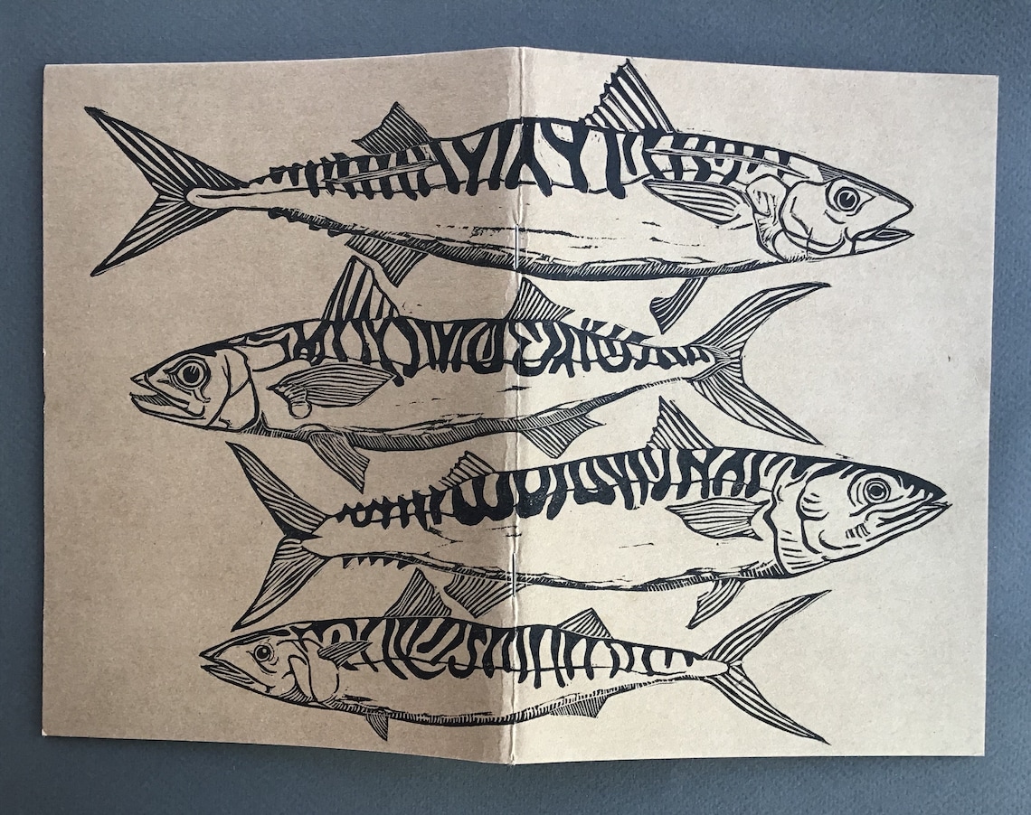 Mackerel Aquatic Pelagic Fish Wrap Around Linocut Linoprinted Kraft ...