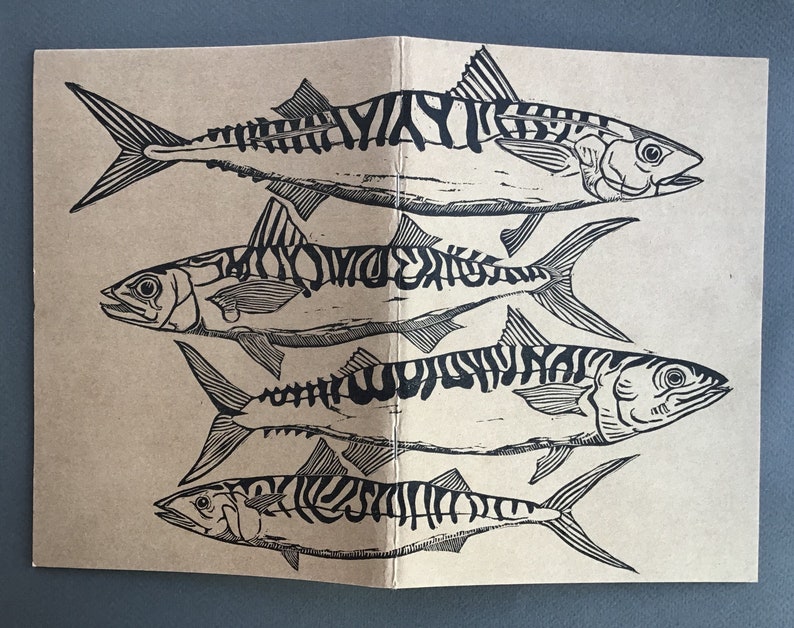 Mackerel Aquatic Pelagic Fish Wrap Around Linocut Linoprinted Kraft ...