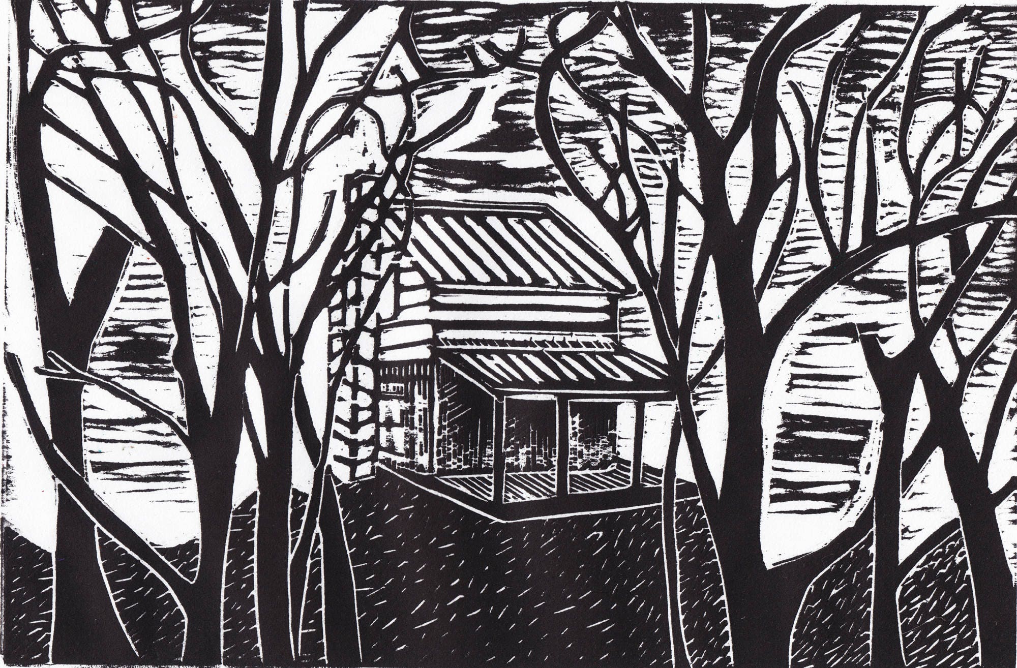 Cabin in the Woods Woodcut Print Trees Woodland Forest Landcape ...
