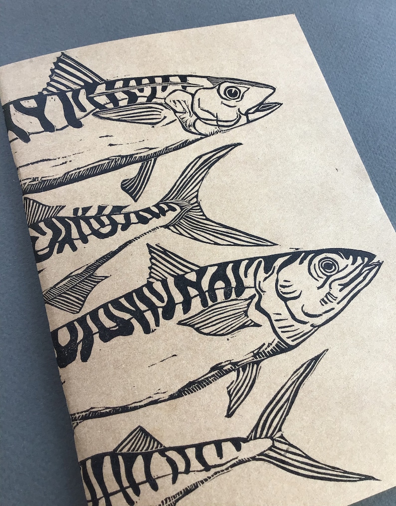 Mackerel Aquatic Pelagic Fish Wrap Around Linocut Linoprinted Kraft ...