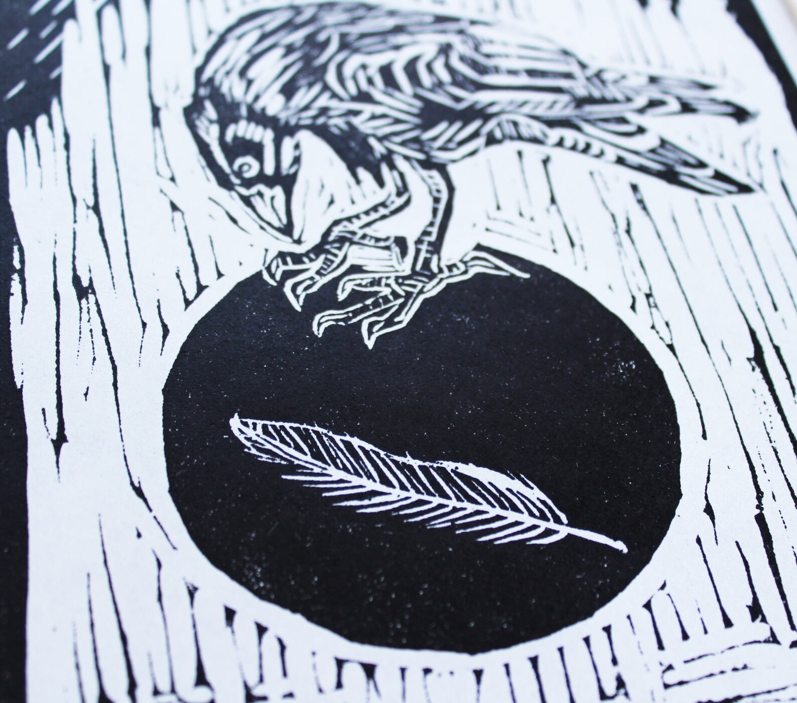 Crow Feather Linocut Linoprint Limited Edition Affordable Art Black and ...