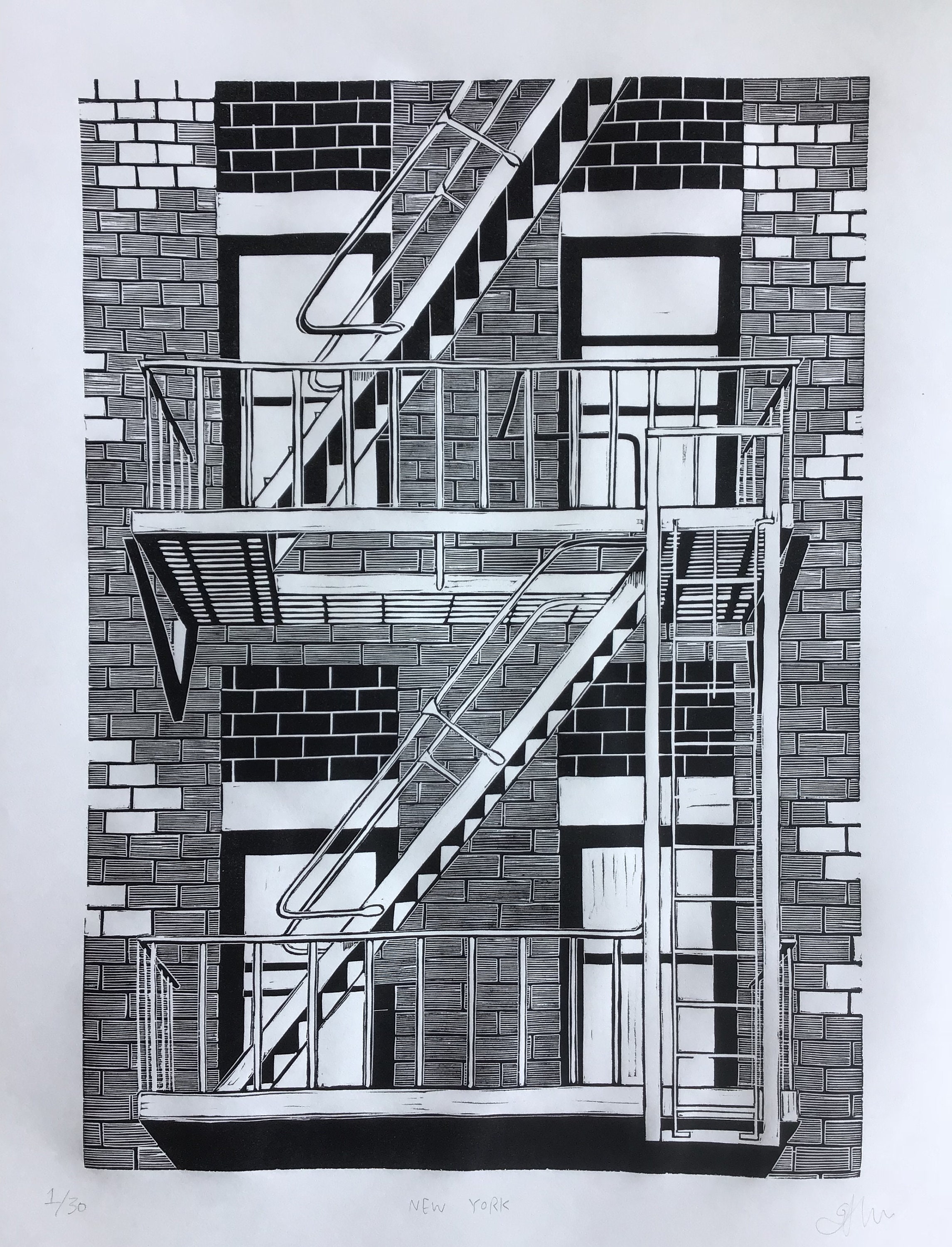 New York fire escape black and white linocut linoprint urban | Etsy