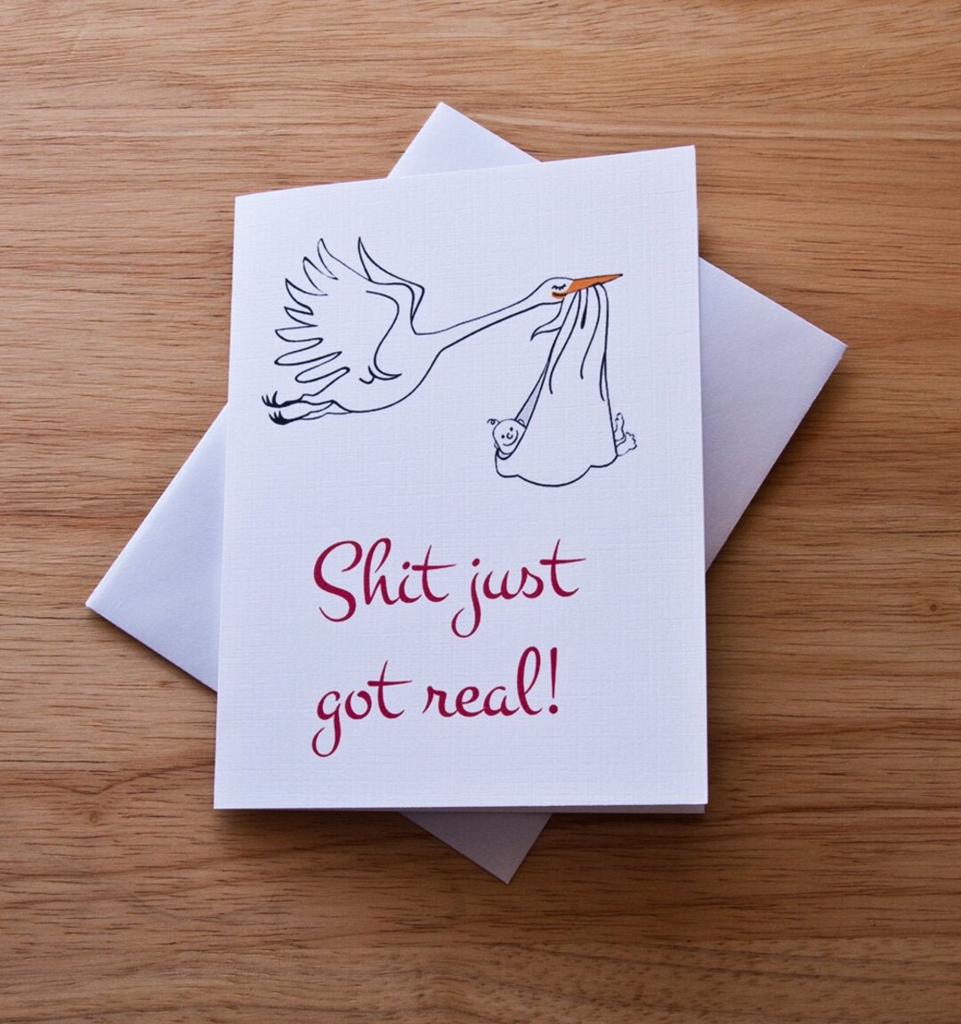 Birth Announcement, Shit Just Got Real, New Baby Card, Stork and Baby ...