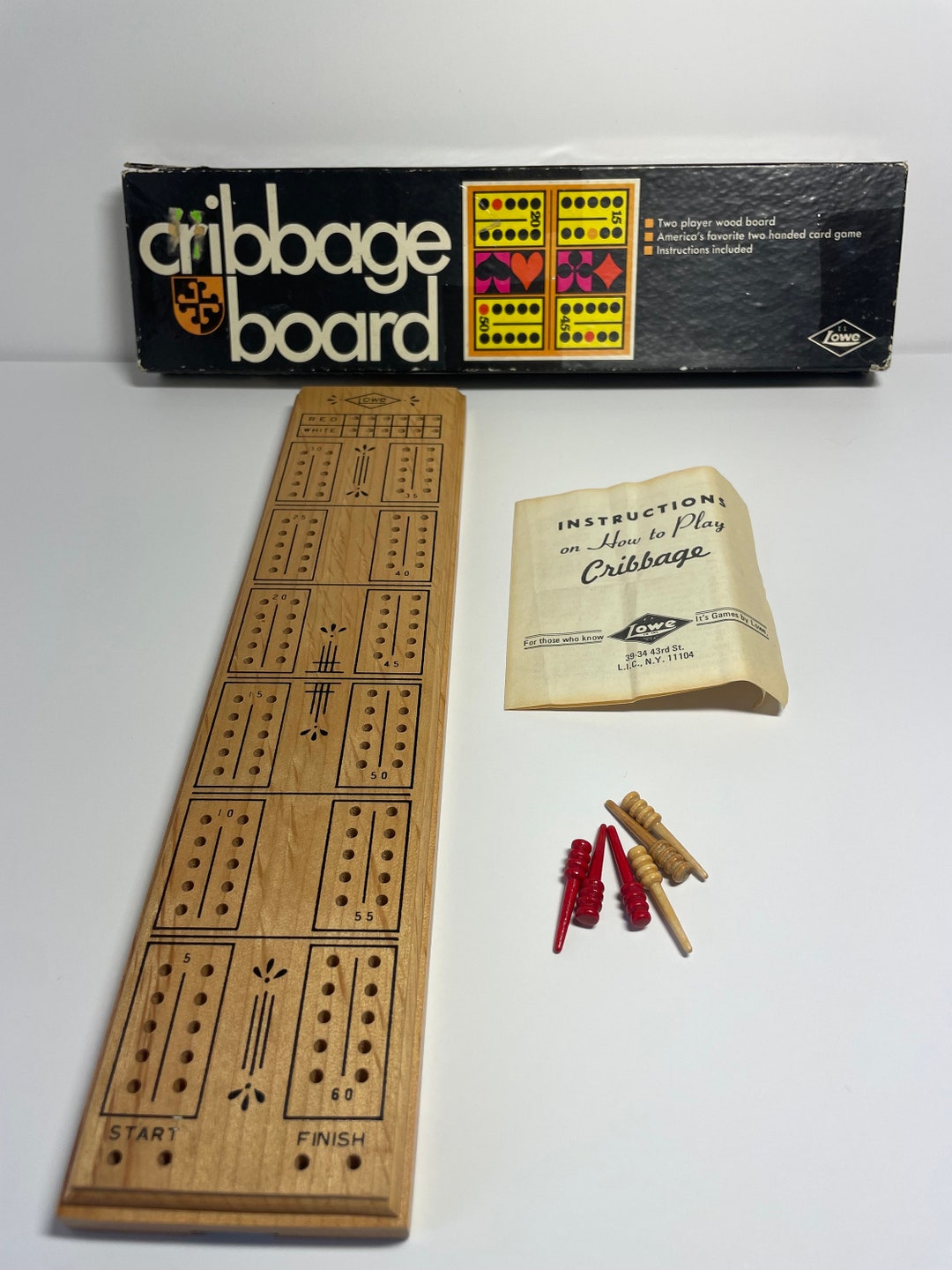 Vintage 60s Cribbage Board Wooden in Pox With Instructions E S Lowe - Etsy
