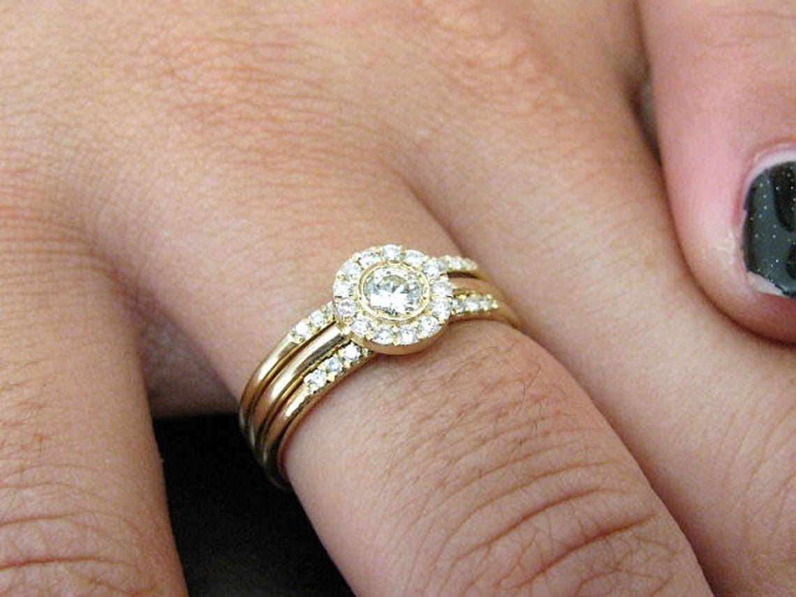 Halo Engagement Ring Set Wedding Bands and Halo Ring Diamond | Etsy